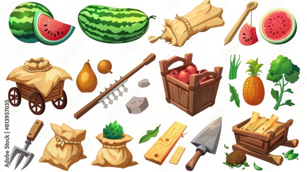 A set of cartoon farm game assets isolated on white background. Modern ...