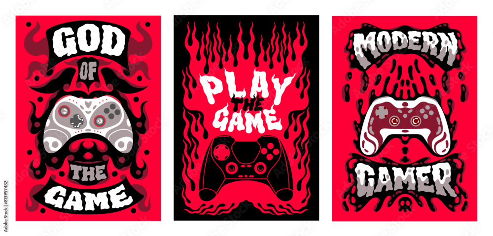 Game posters. Video gamer control slogan. Boy joystick trendy print or ...