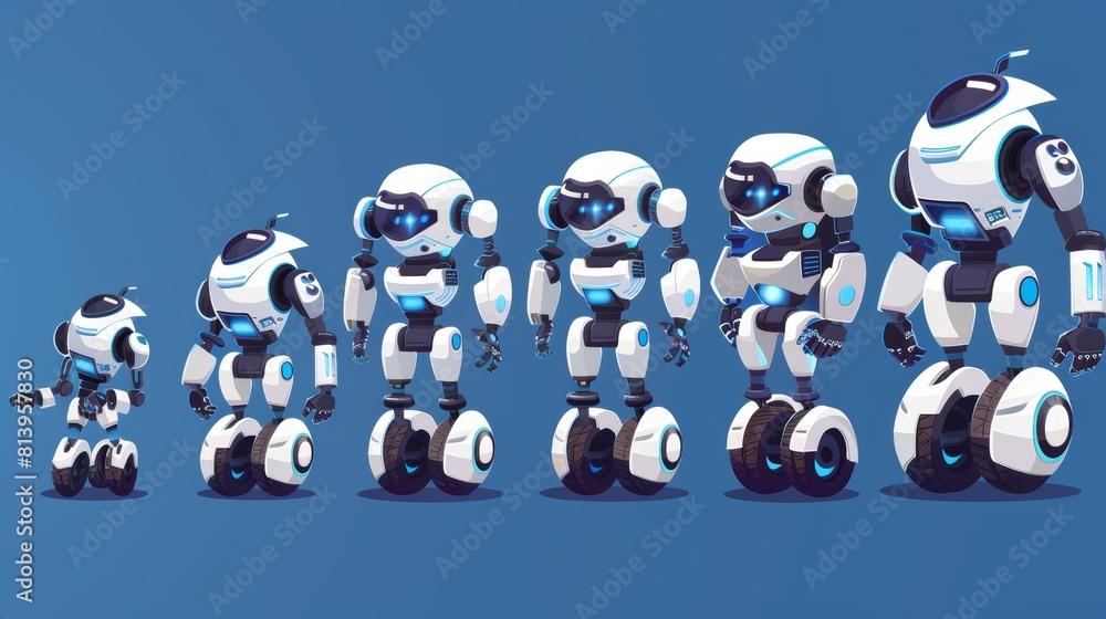 Modern cartoon illustration of futuristic AI character advancing from ...