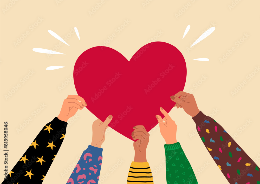Hands hold heart. Community empathy and charity symbol, love and support poster, compassion ...