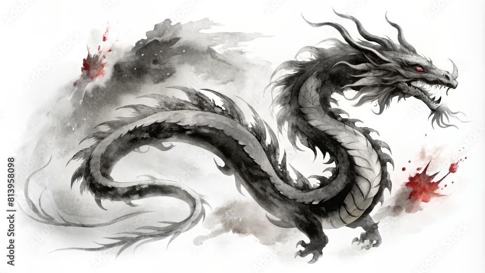 Watercolor black dragon and red sun in Chinese traditional style with ...