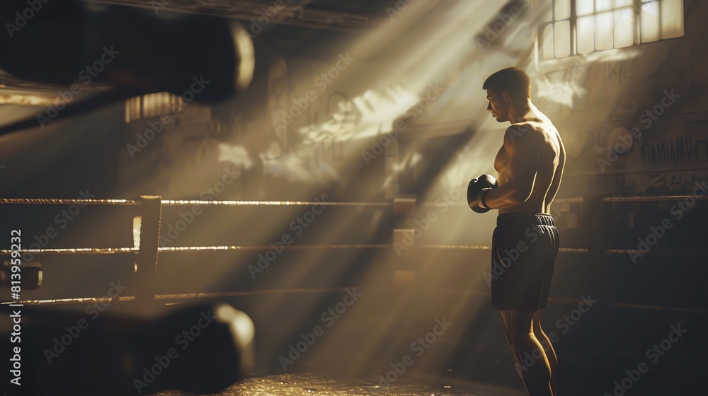 Boxing training in a dimly lit gym, spotlight on the boxer, side view ...