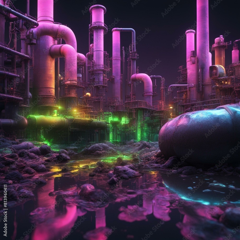 Visualize a contaminated river flowing through industrial areas, with ...