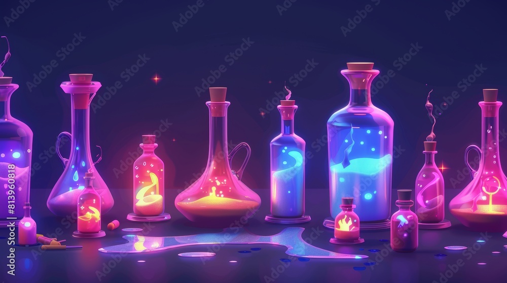 Cartoon modern flask with puddle of neon fantasy medicine or chemistry ...