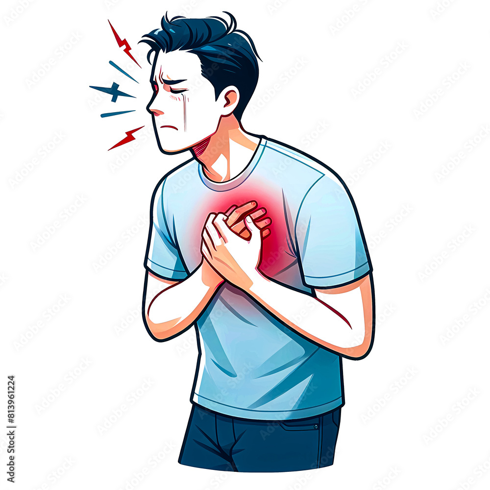 Vector illustration of a young man with chest pain due to coronary ...