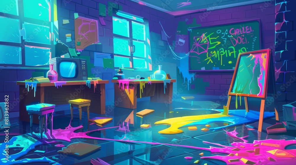 Modern cartoon illustration depicting an abandoned chemistry classroom ...