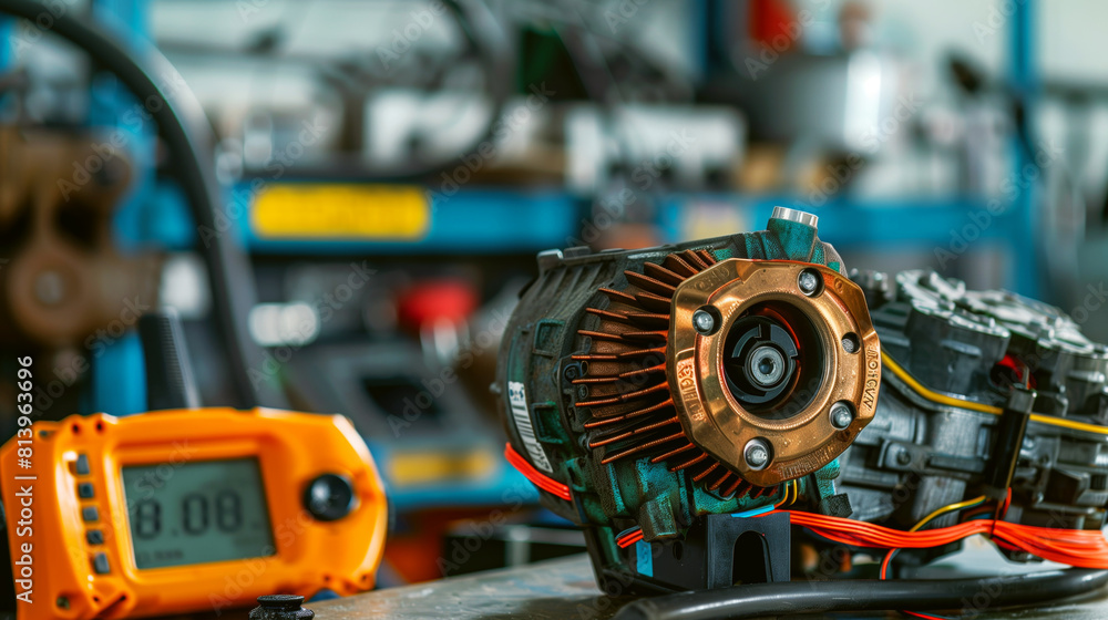 Detailed view of a car alternator and digital multimeter on a workbench ...