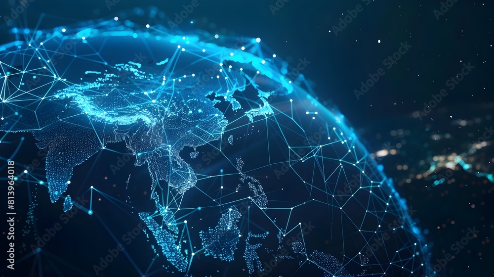 Digital Global Network Map with Glowing Mesh and Stars in Blue Backdrop ...