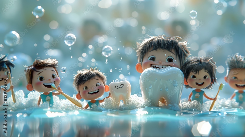 A group children happily brush their teeth, Animated children smiling ...