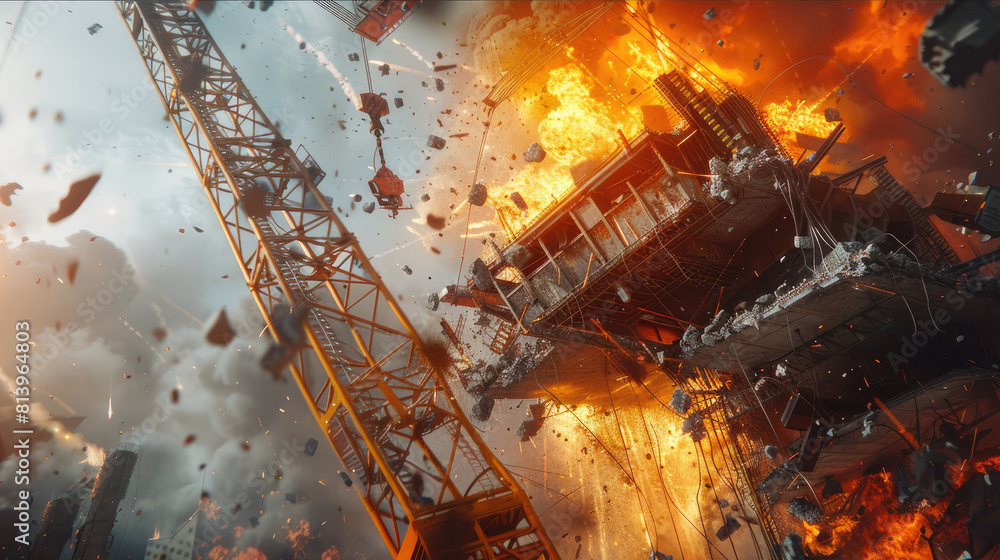 Crane is falling into a building that is on fire. The scene is chaotic ...