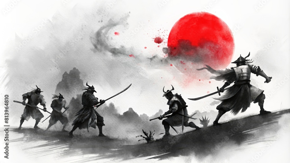 Watercolor illustration of Samurai battles Traditional Japanese ink ...