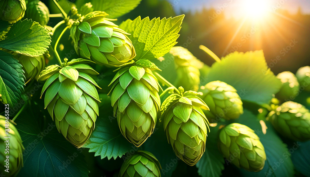 Extreme close-up of a bunch of green hops (Humulus lupulus) growing on ...