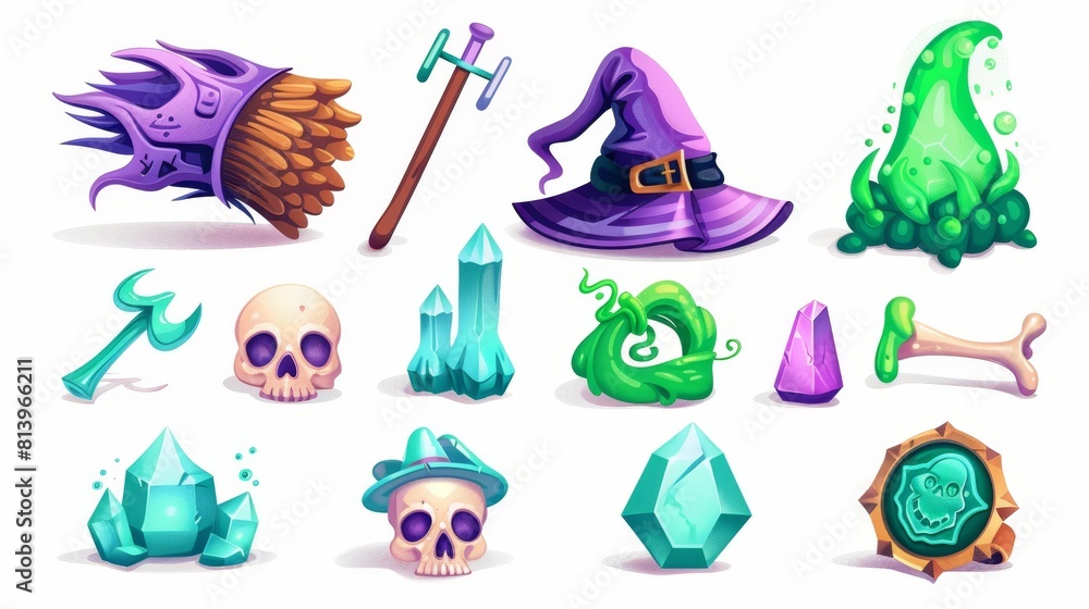 The witch cartoon game UI elements consist of a magic broom and a ...