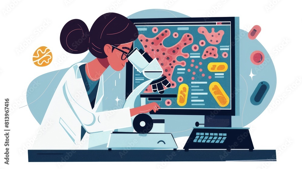 Student using a digital microscope connected to a computer, illustrator ...