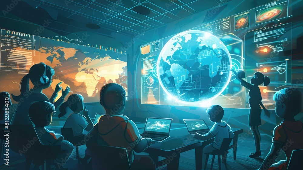 Illustrator style image of a teacher conducting a virtual class with ...