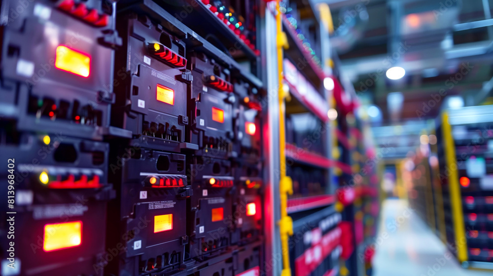 Detailed close-up of a modern electrical switchboard with illuminated ...