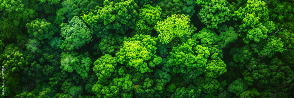 Aerial view of a dense, lush green forest canopy showing varying shades ...