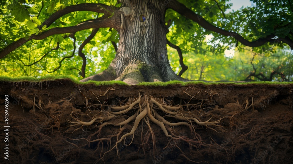 Cross-section view showing a large tree with its extensive root system ...