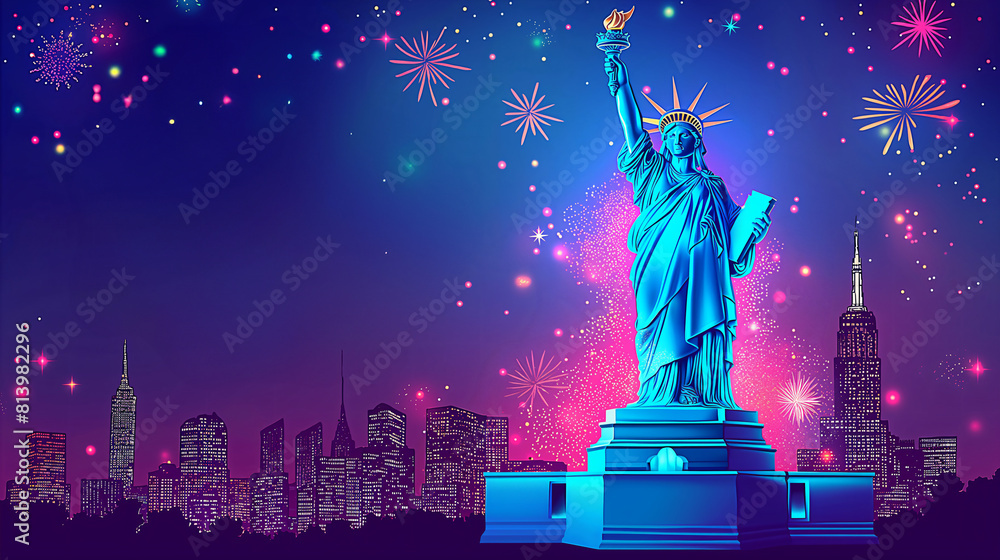 statue of liberty and the text "Happy Fourth Of July" in cursive, use ...