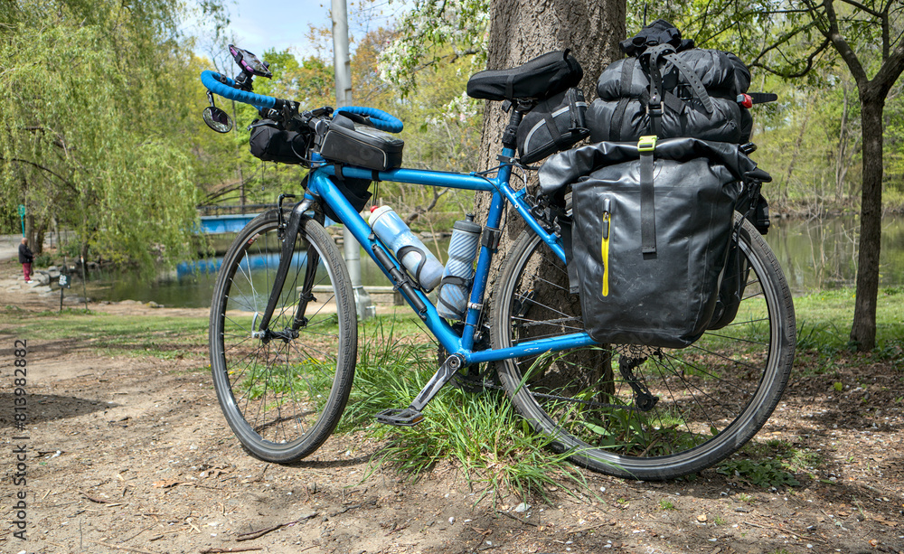 loaded touring bike with panniers and sleeping bag (bikepacking ...