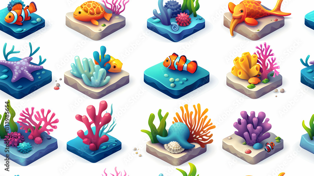 Undersea Adventure Tiles: Vibrant Flat Design Icons of Colorful Marine ...