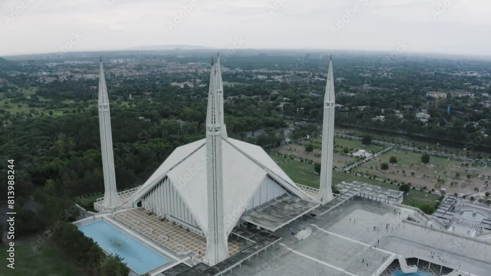 Faisal Mosque in Islamabad Drone Camera Footage from sky. White Masjid ...