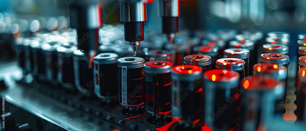 Quality control in battery production, side view of calibration tools ...