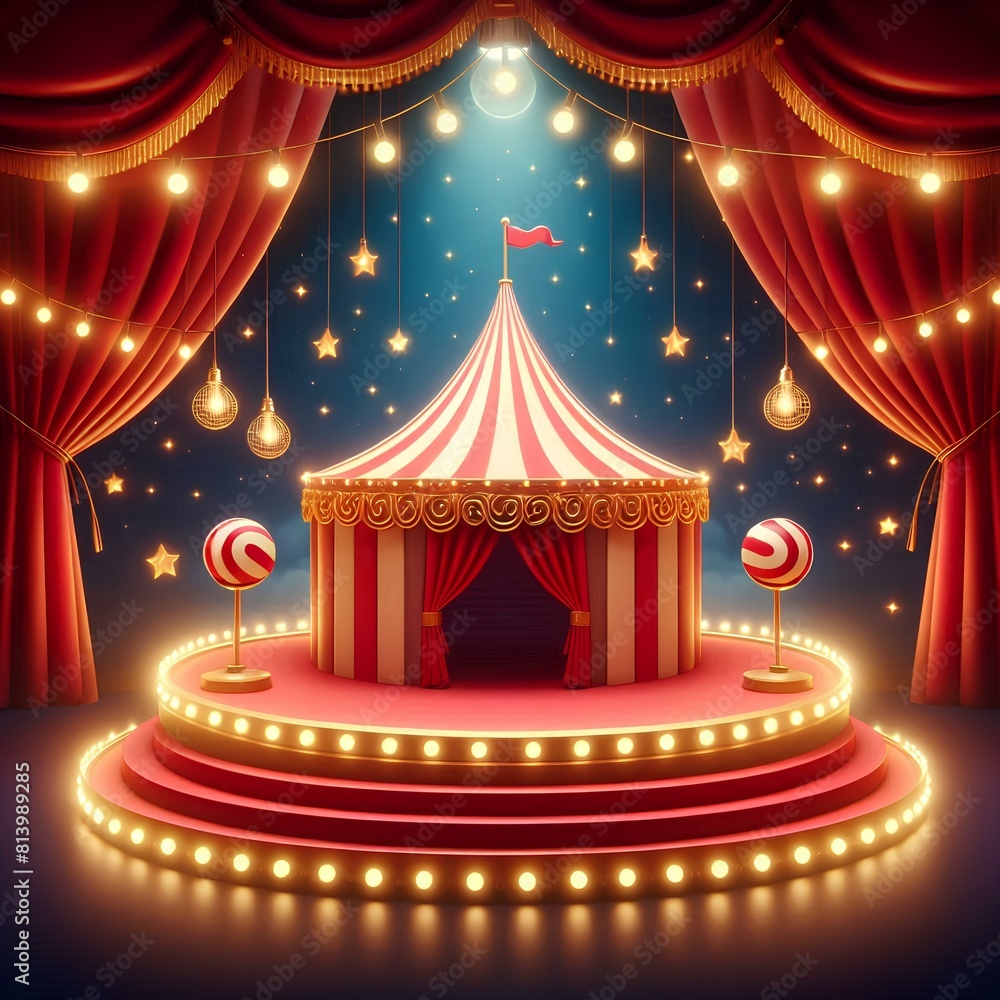 Circus stage podium background 3D carnival light red show curtain ...