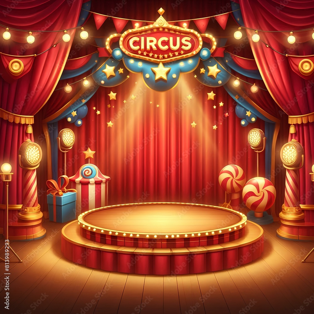 Circus stage podium background 3D carnival light red show curtain ...