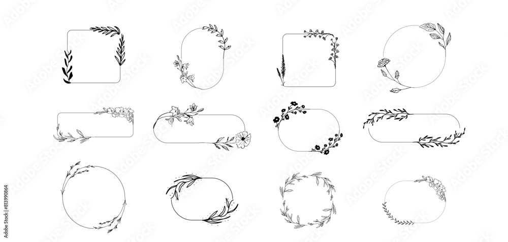 Botanical circle frame. Hand drawn round line border, leaves and ...