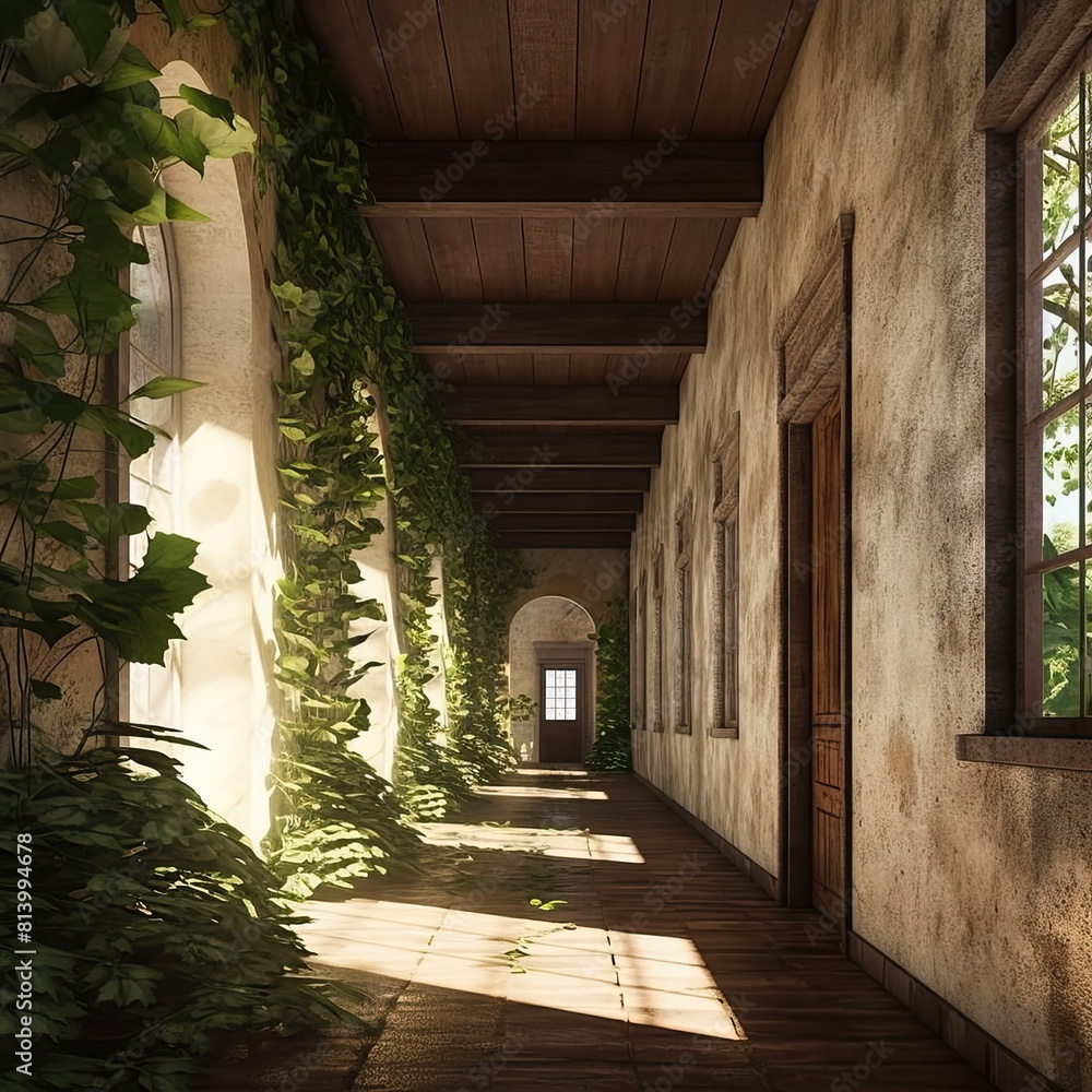 Realistic remises of old stone building double height hallway vintage ...