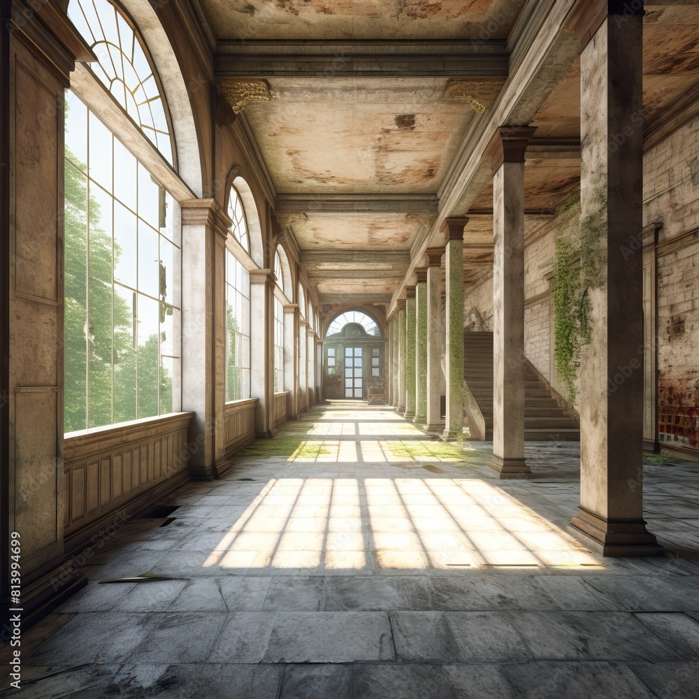 Realistic remises of old stone building double height hallway vintage ...