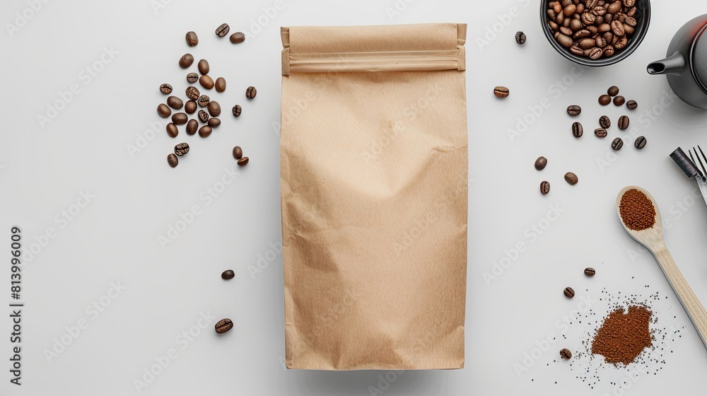 Mockup Coffee bag on white background with coffee beans and coffee ...