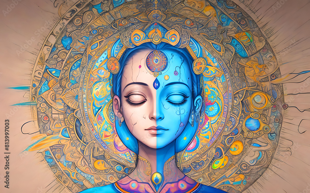 A woman meditating has a third eye located in the center of her ...