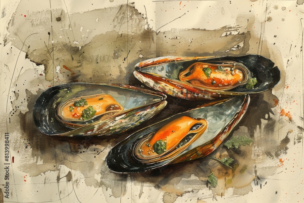 A watercolor painting of three mussels on a table. Suitable for seafood ...