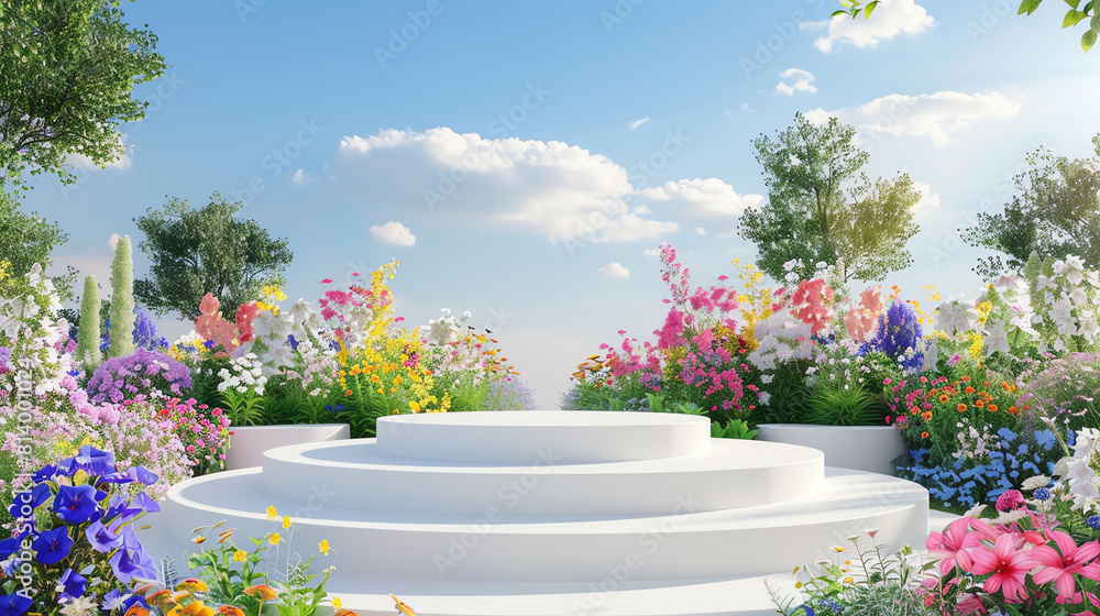 Showcase product podium in a floral garden front view representing ...