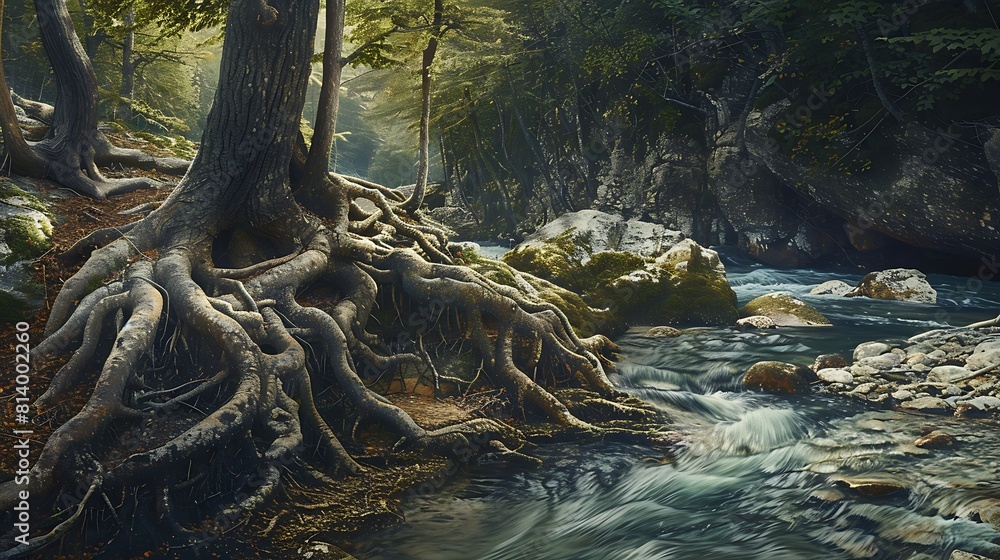 Along the riverbank, gnarled tree roots intertwine with rocks worn ...