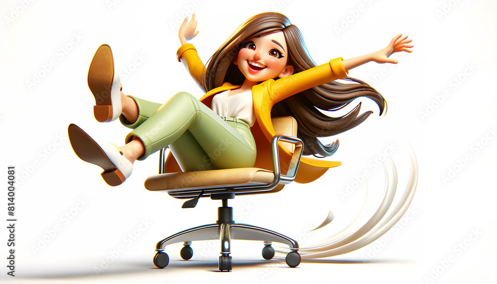 Office Chair Fall 3D Caricature: Playful Woman, Broad Smile, Raised ...