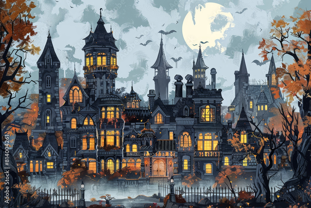 This enchanting Halloween themed image depicts a haunting nightscape of ...