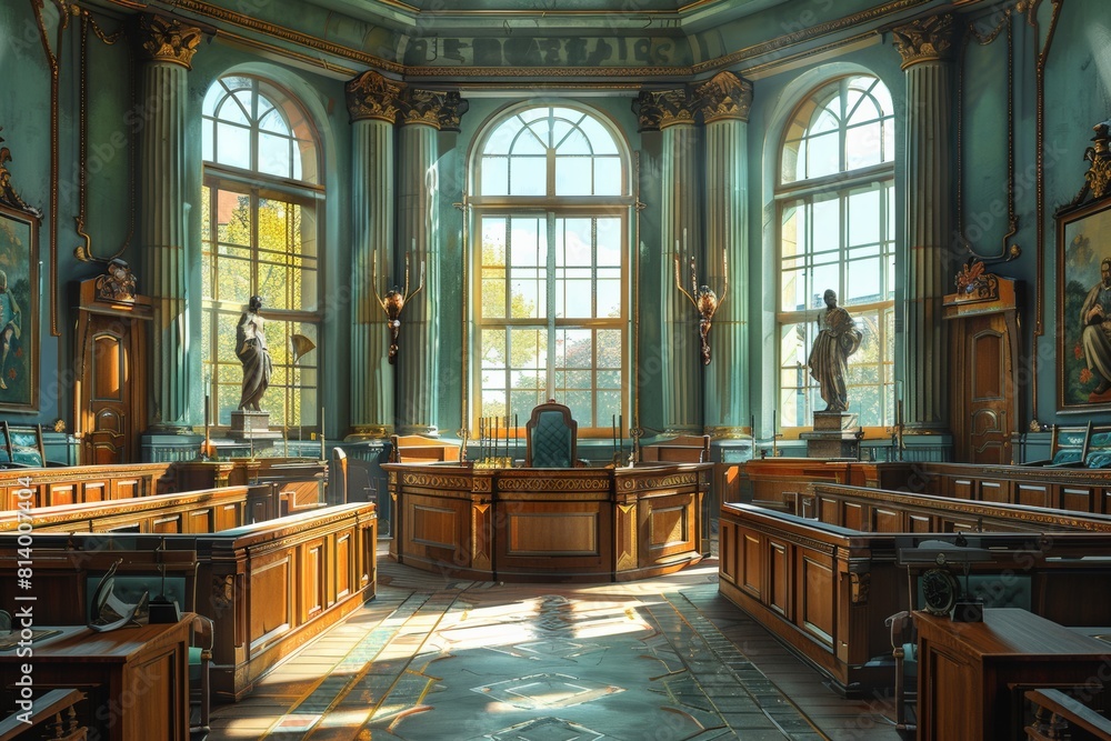 A detailed illustration of a courtroom, with each object (gavel, robe ...