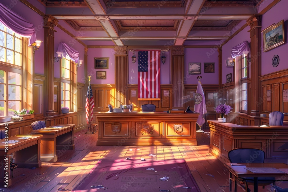 A detailed illustration of a courtroom, with each object animated ...