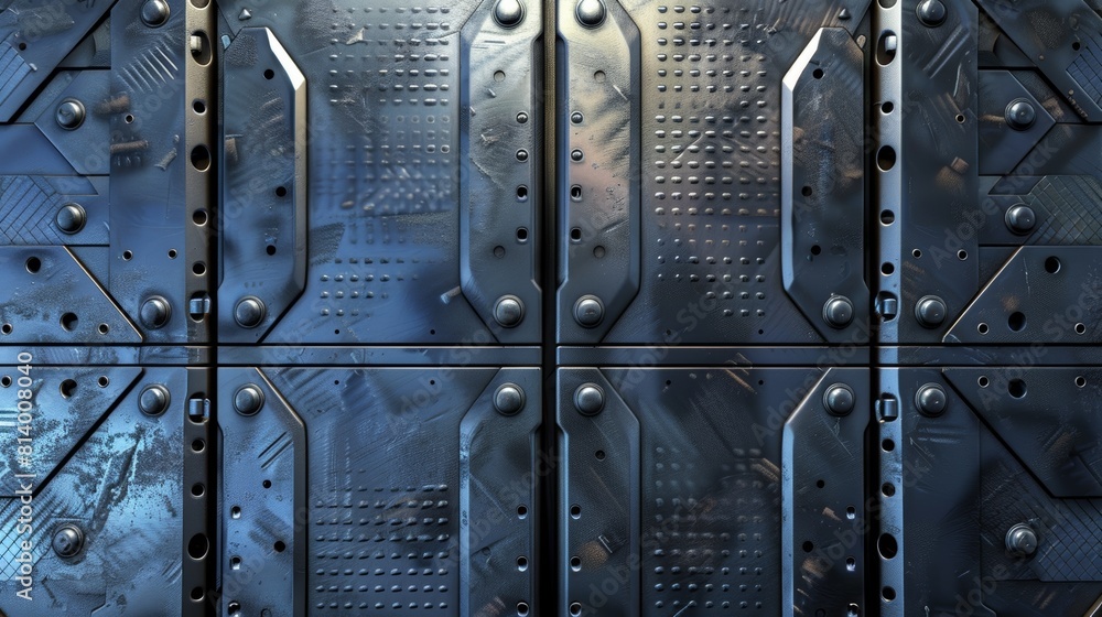 3D rendering of a spaceship bulkhead made of metal panels with rivets ...
