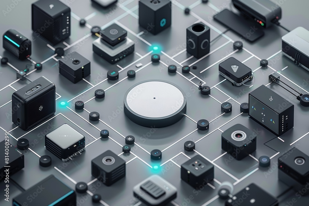 A network of interconnected devices showcasing a central hub with a ...