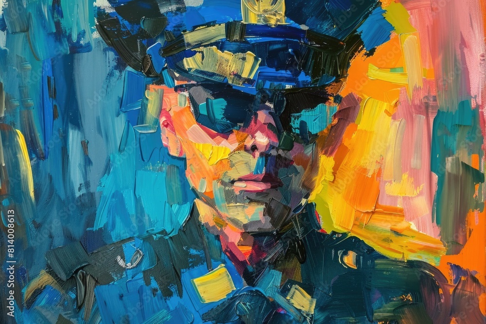 A realistic painting of a man in a police uniform. Suitable for law ...