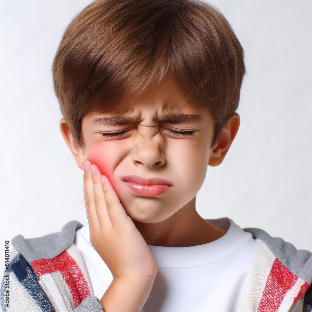 kid suffering from toothache holding his chin with his hand on white ...