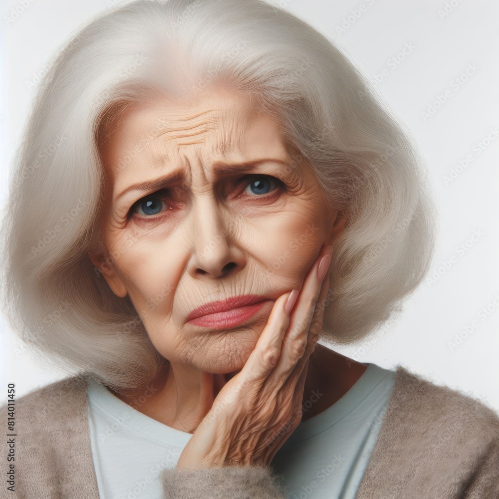 old woman toothache holding his chin with his hand on white background ...