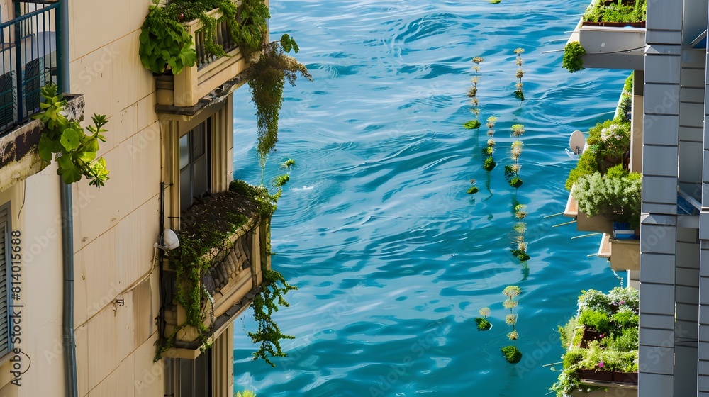 flooded city, Aquatic plants and algae growing on the sides of ...