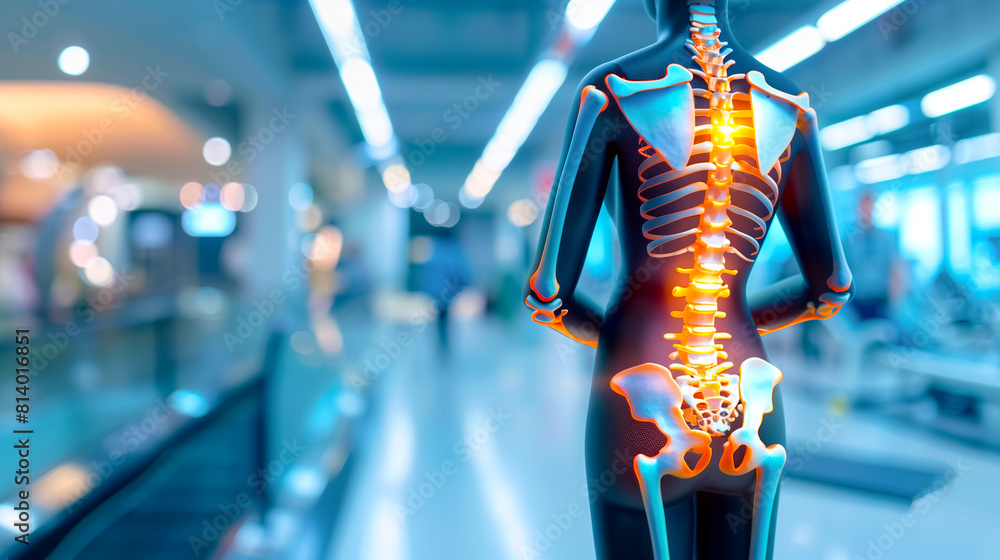 Person with back in pain in a medical center. The bones of the spine ...