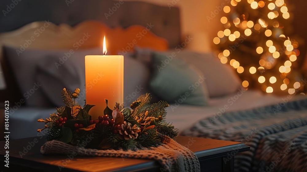 Candle with Christmas wreath on a bedroom bedside table side view ...