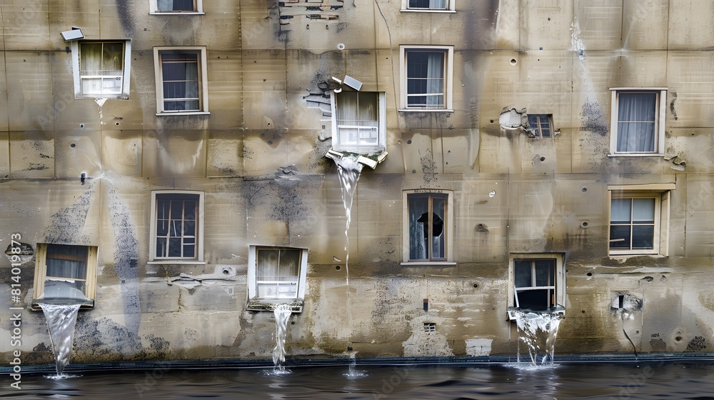 flood. Buildings with windows shattered and water trickling out ...